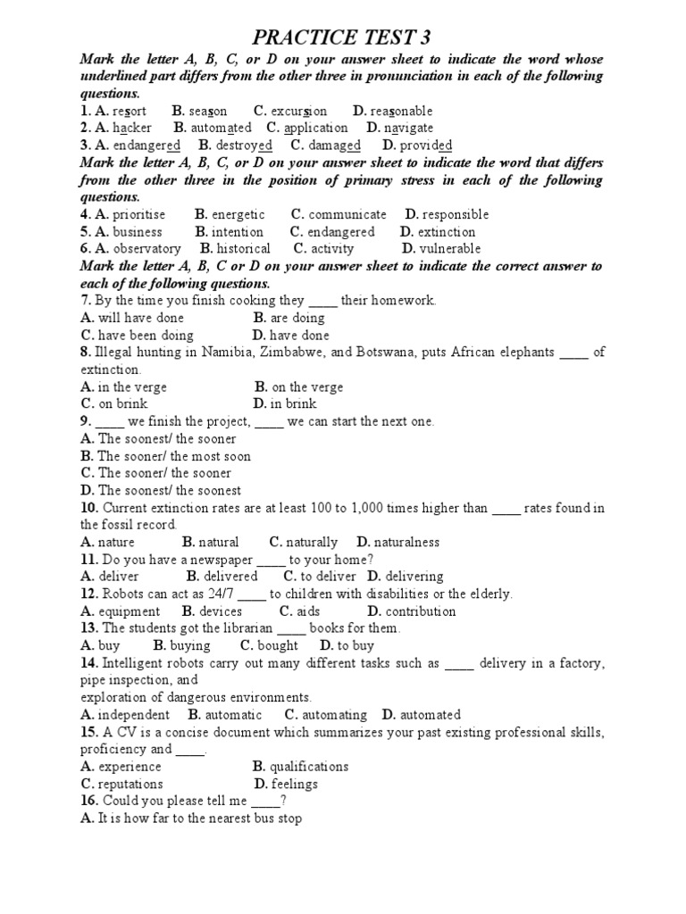 Practice Test 3 12TD | PDF | Weightlessness | Invasive Species