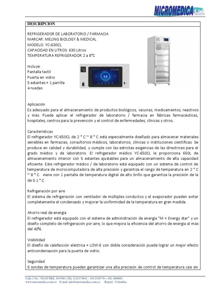 Ficha Tecnica Refrigerador Meling YC630 Tactil | Descargar gratis PDF | Refrigerador | Laboratorios