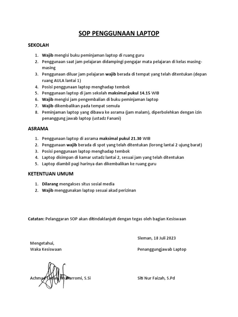 SOP PENGGUNAAN LAPTOP Putra | PDF