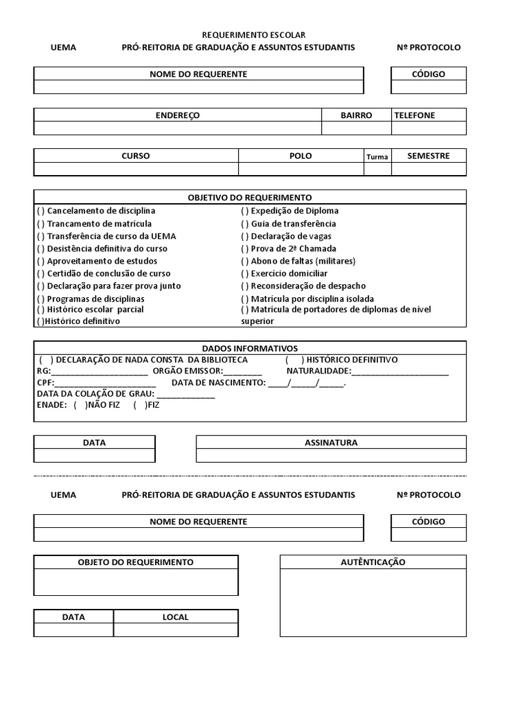Formulários de Requerimento Escolar UEMA | PDF