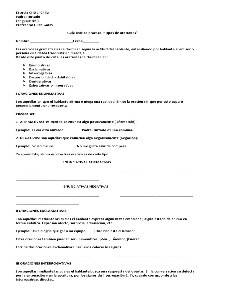 Guía Tipos de Oraciones 5 Año | PDF | Oración (Lingüística) | Lingüística