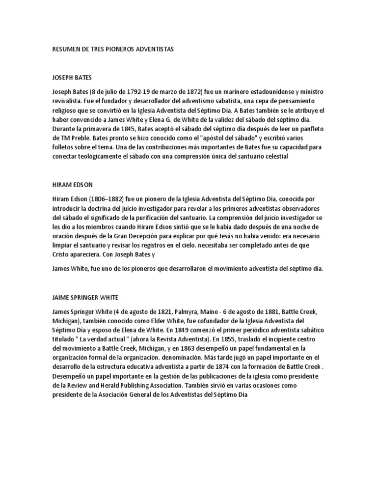 Resumen de Tres Pioneros Adventistas. | PDF | Historia