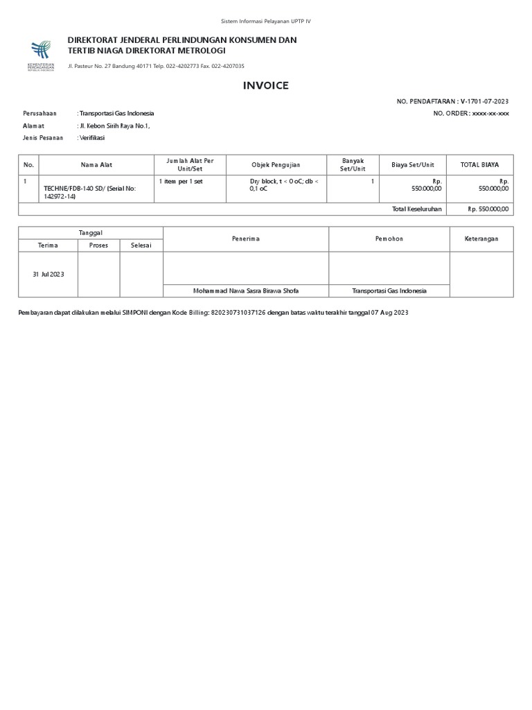 Invoice Verifikasi Alat Metrologi | PDF