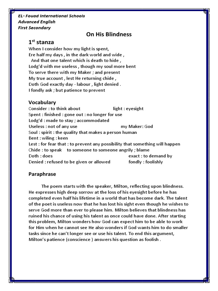 English, 1st Sec, Poetry, On His Blindness | PDF