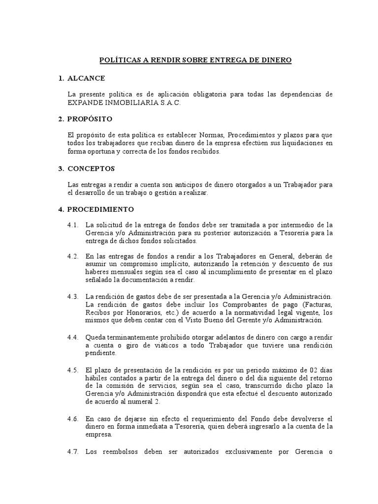 Política de Entregas A Rendir - Caja | PDF