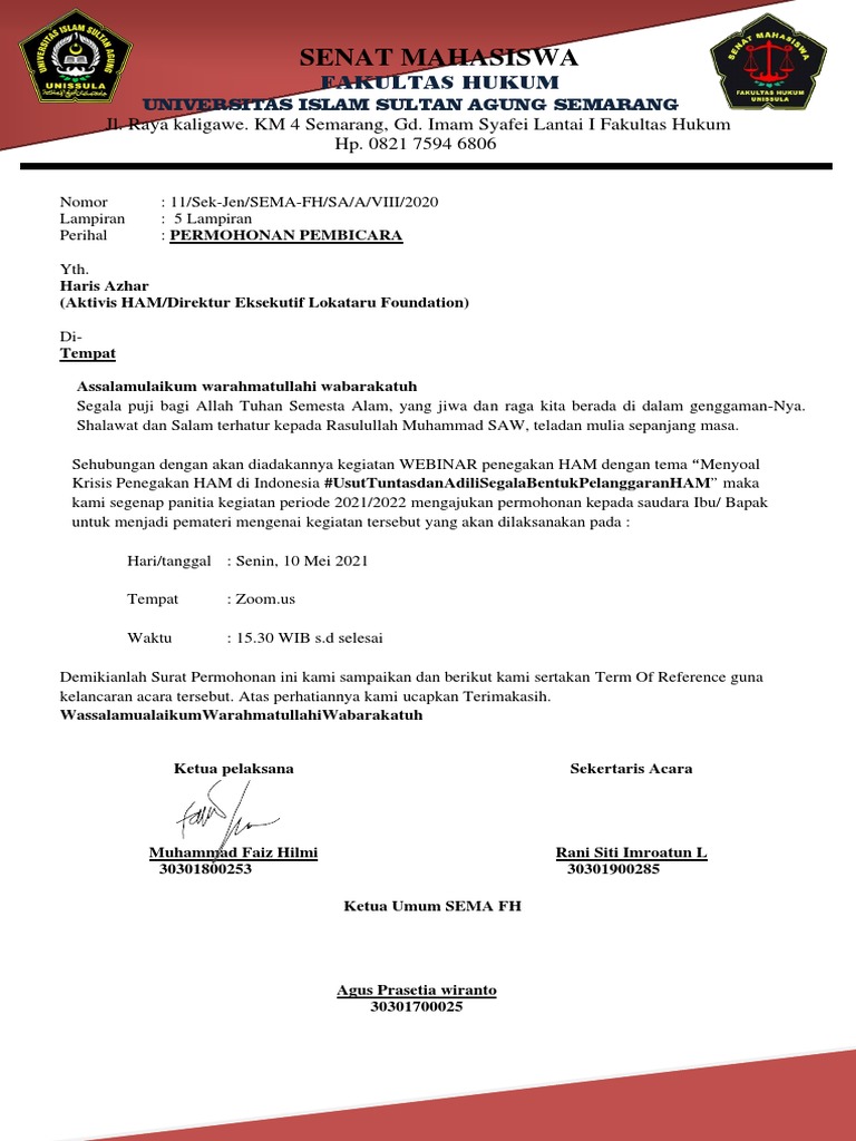 Surat Permohonan Dan TOR Pembicara Haris Azhar | PDF