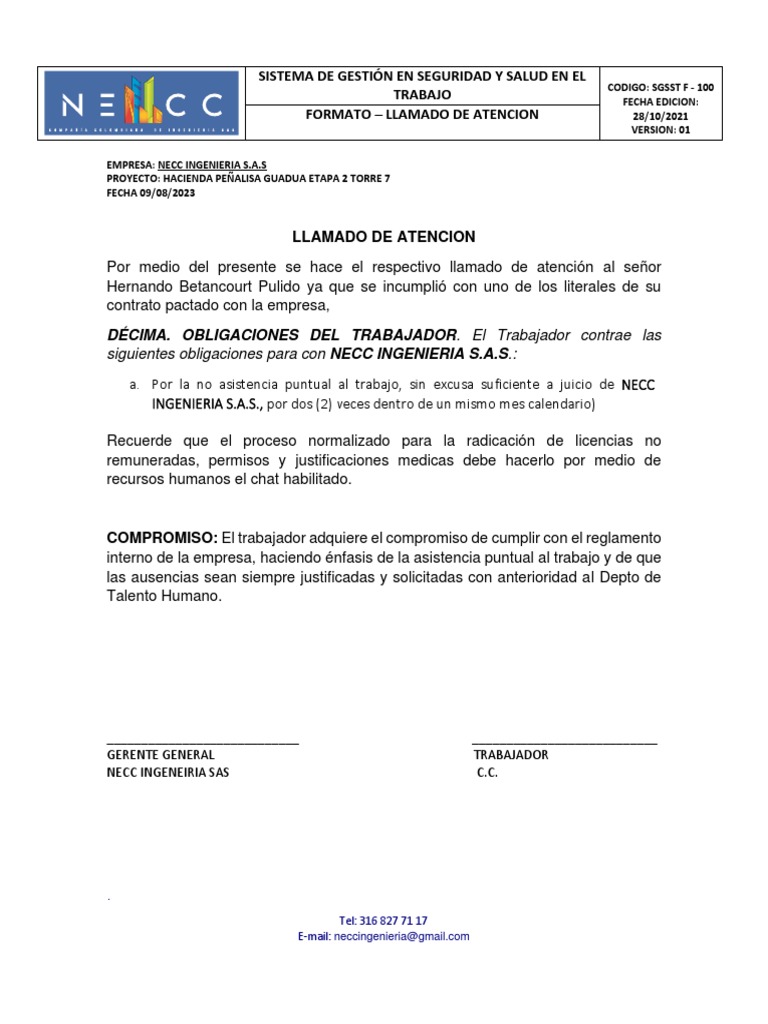 Ejemplo De Llamado De Atencion Laboral