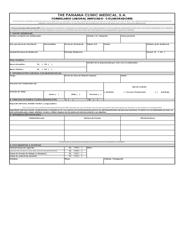 Formulario de Debida Diligencia (Laboral Ampliado The Panama Clinic ...