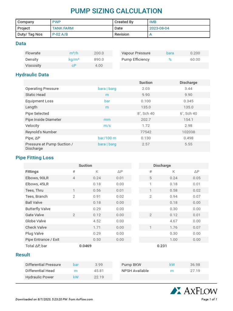 Pump Sizing Calculation: PWP IMB Tank Farm 2023-08-04 P-02 A/B A | PDF