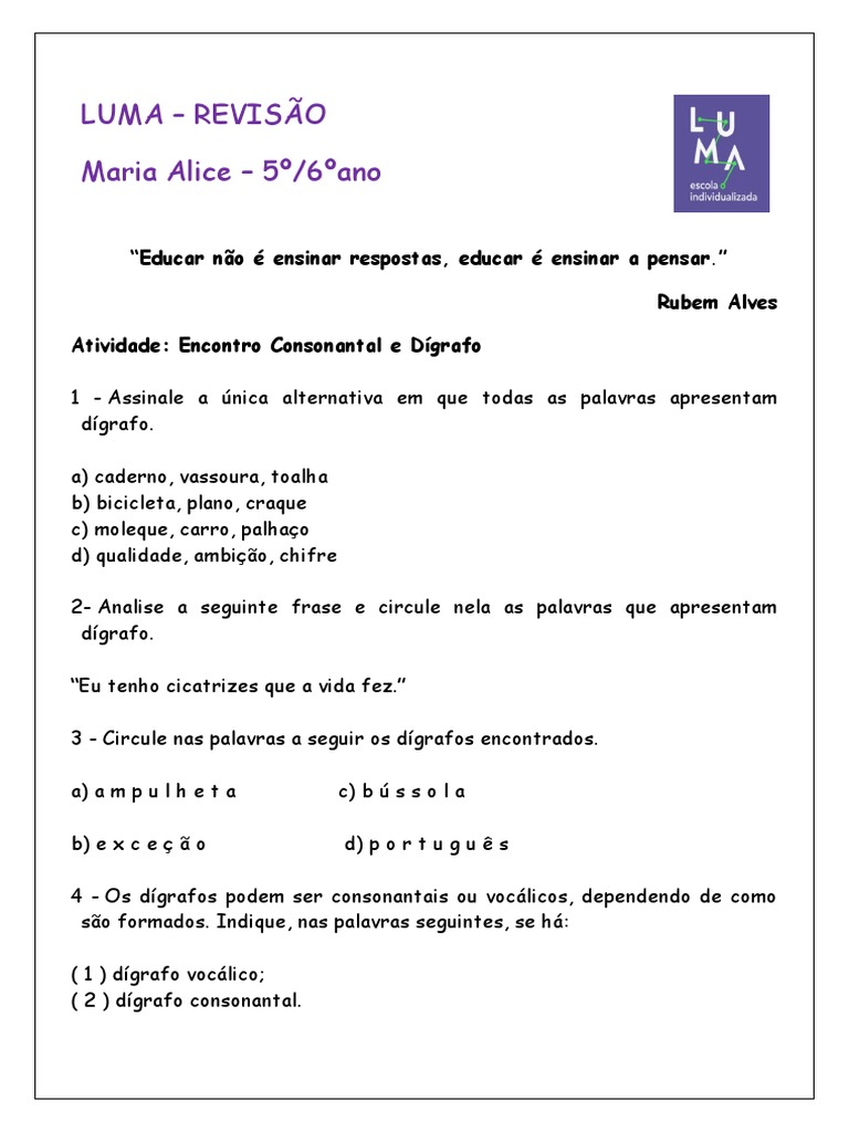 Atividade Enc. Consonantal e Dígrafo | PDF | Carreira e Crescimento ...