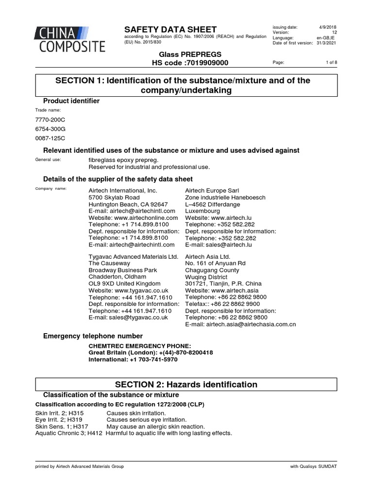 China Prepregs MSDS | PDF | Waste | Toxicity