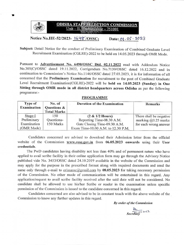 Detail Notice CGL-2022 Prelim | PDF