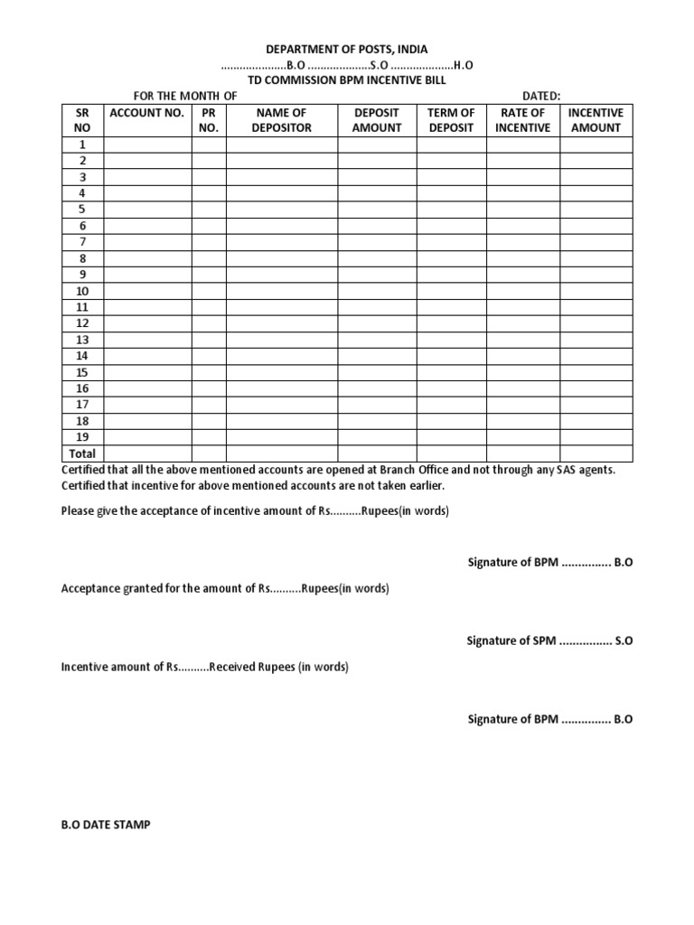 TD Commission BPM Incentive Bill Form | PDF | Finance & Money Management