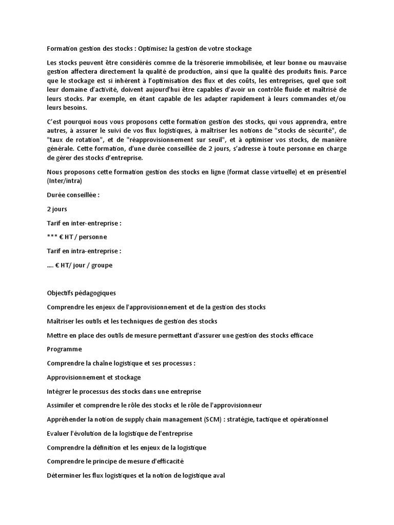 Formation Gestion Des Stocks | PDF | Inventaire | Logistique