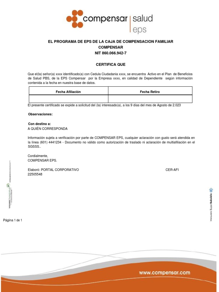 Certificado Eps Compensar | PDF