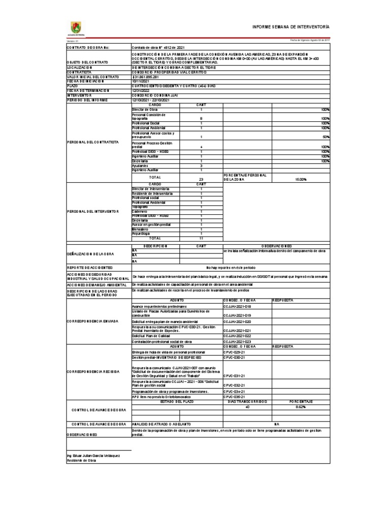 Informe Semanal Interventoria 05 | PDF