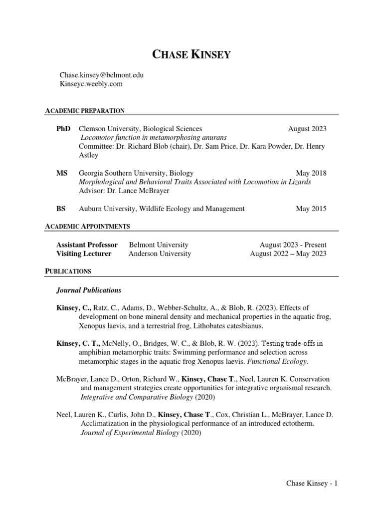 Chase Kinsey: Academic Profile Overview | PDF | Animal Locomotion | Frog