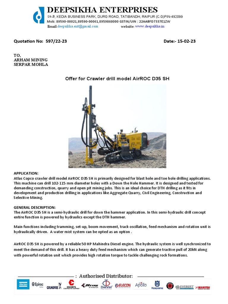 Arham Mining Air Roc d35 SH | PDF | Drill | Engines