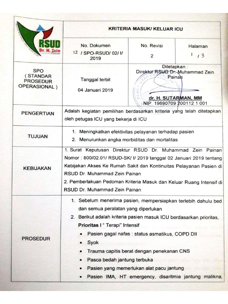 Spo Kriteria Masuk Atau Keluar Icu 2019 | PDF