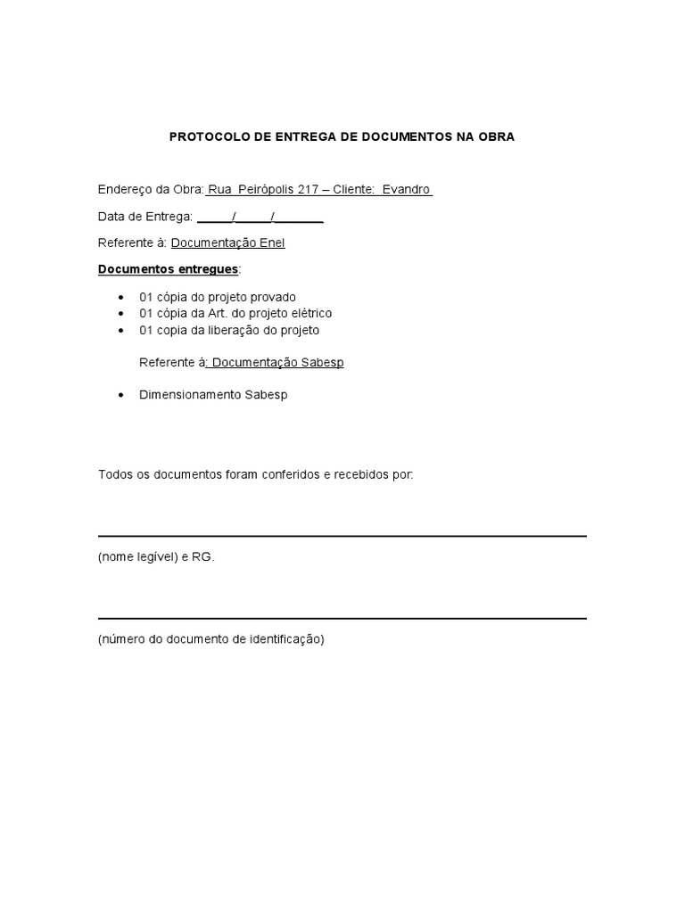 Protocolo de Entrega de Documentos Na Obra | PDF