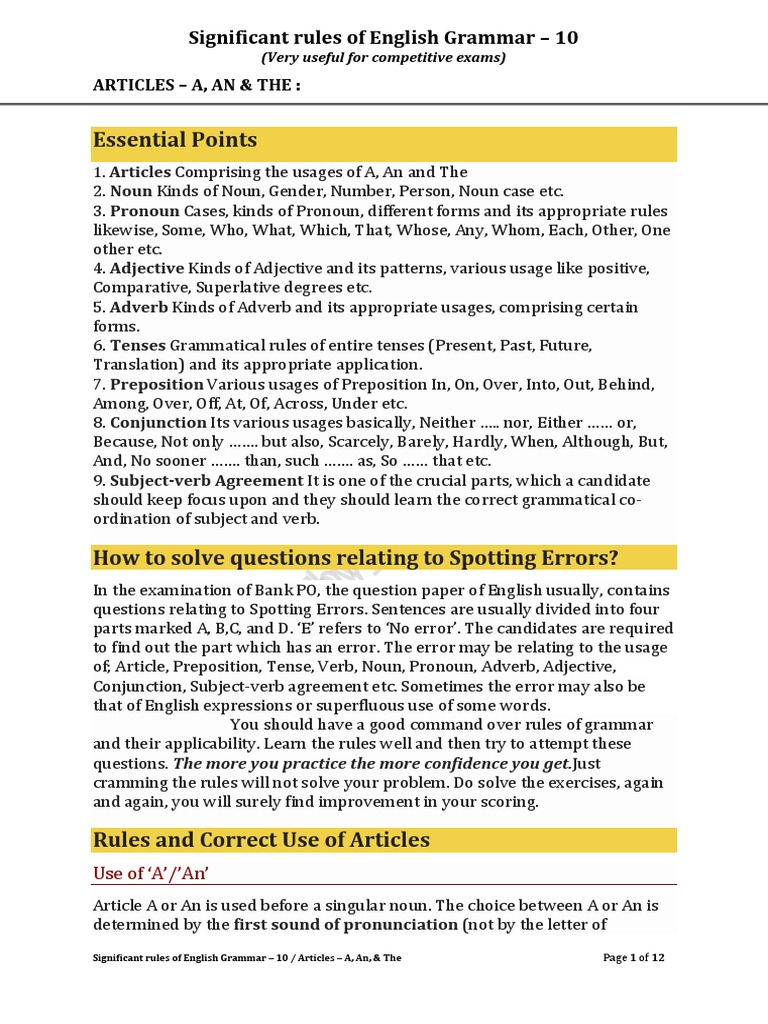 G10 Essentials of English Grammar2 ARTICLES | PDF | English Grammar | Verb