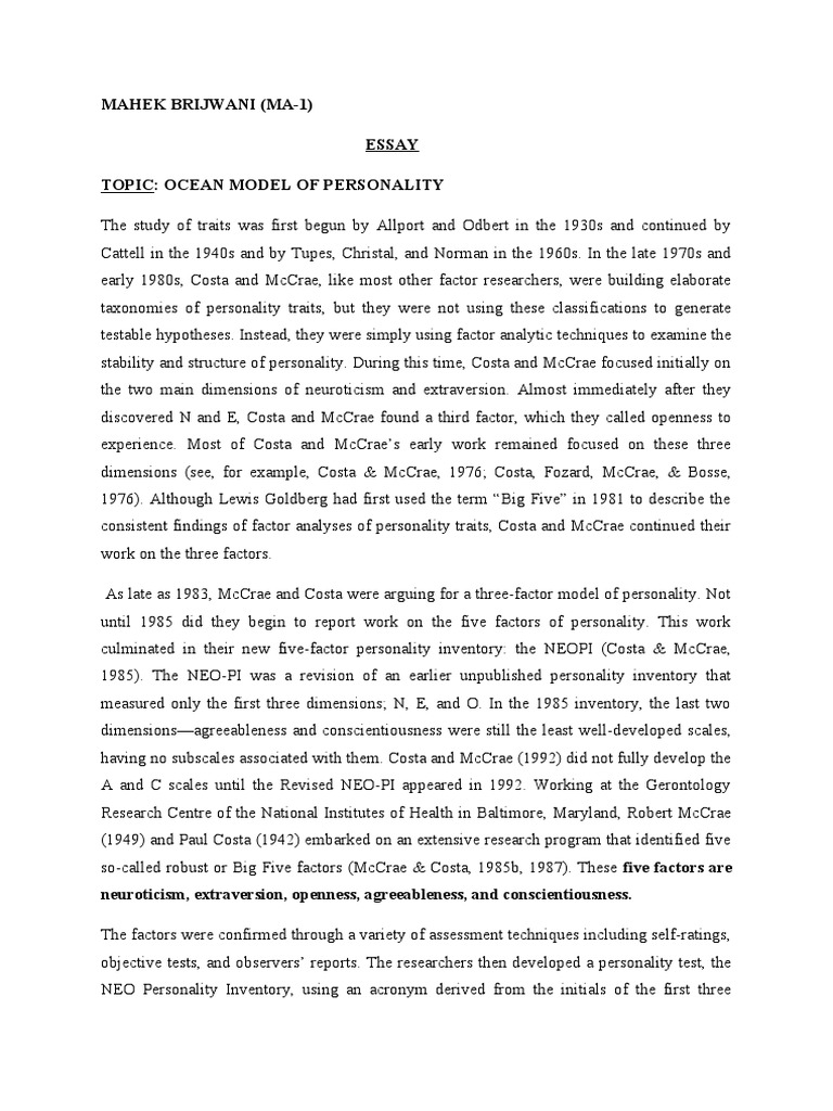 Ocean Model Essay (Mahek) | PDF | Psychology | Behavioural Sciences