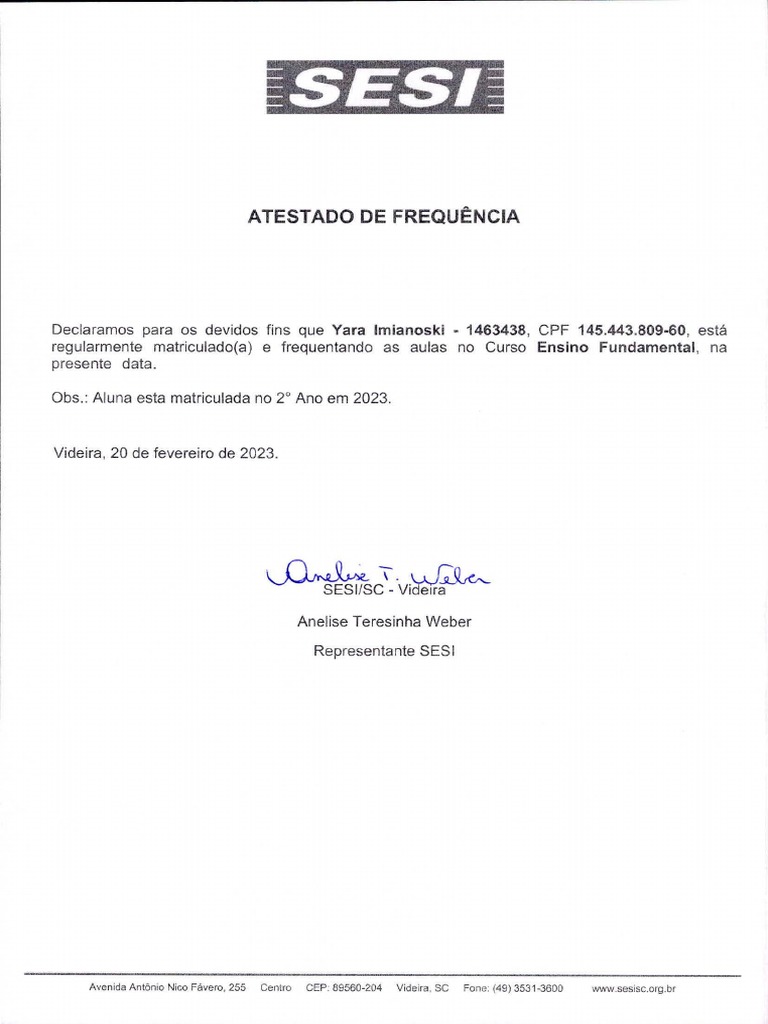 Modelo De Atestado De Frequencia Escolar