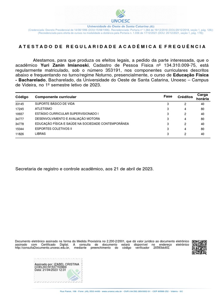 Atestado de Regularidade Acadêmica e Frequência | PDF