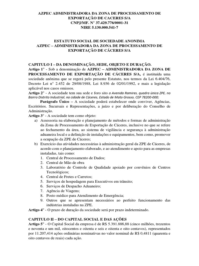 Estatuto - Azpec 2020 | PDF | Dividendo | Conselho de Segurança das ...