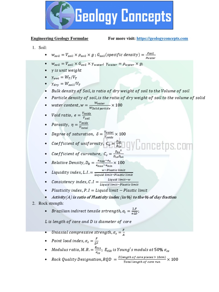Engg Geology Formulae | PDF | Soil Science | Physical Sciences
