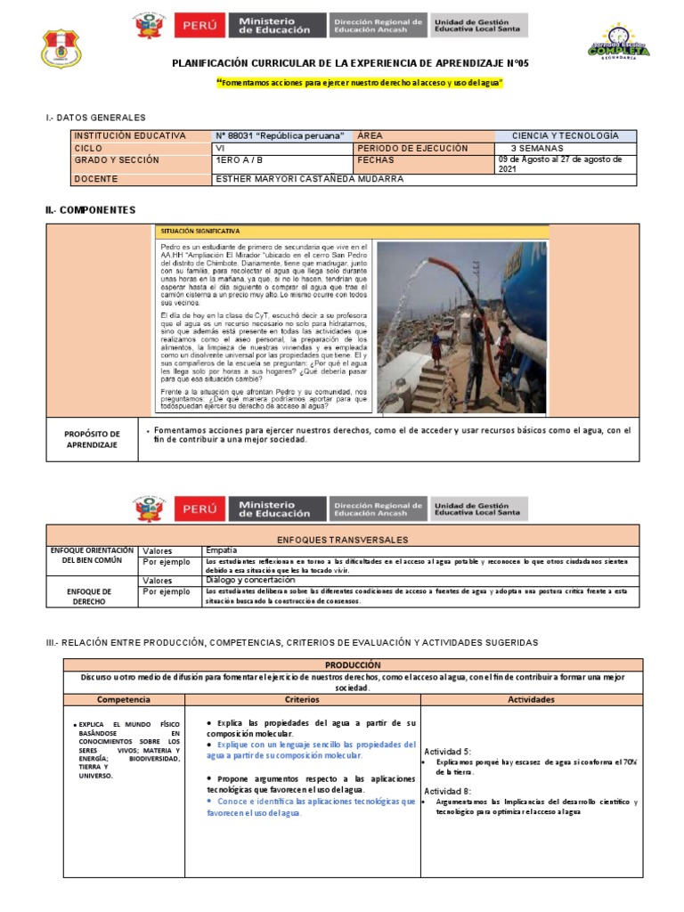 Planificador de La Experiencia de Aprendizaje 5 | PDF | Evaluación | Agua
