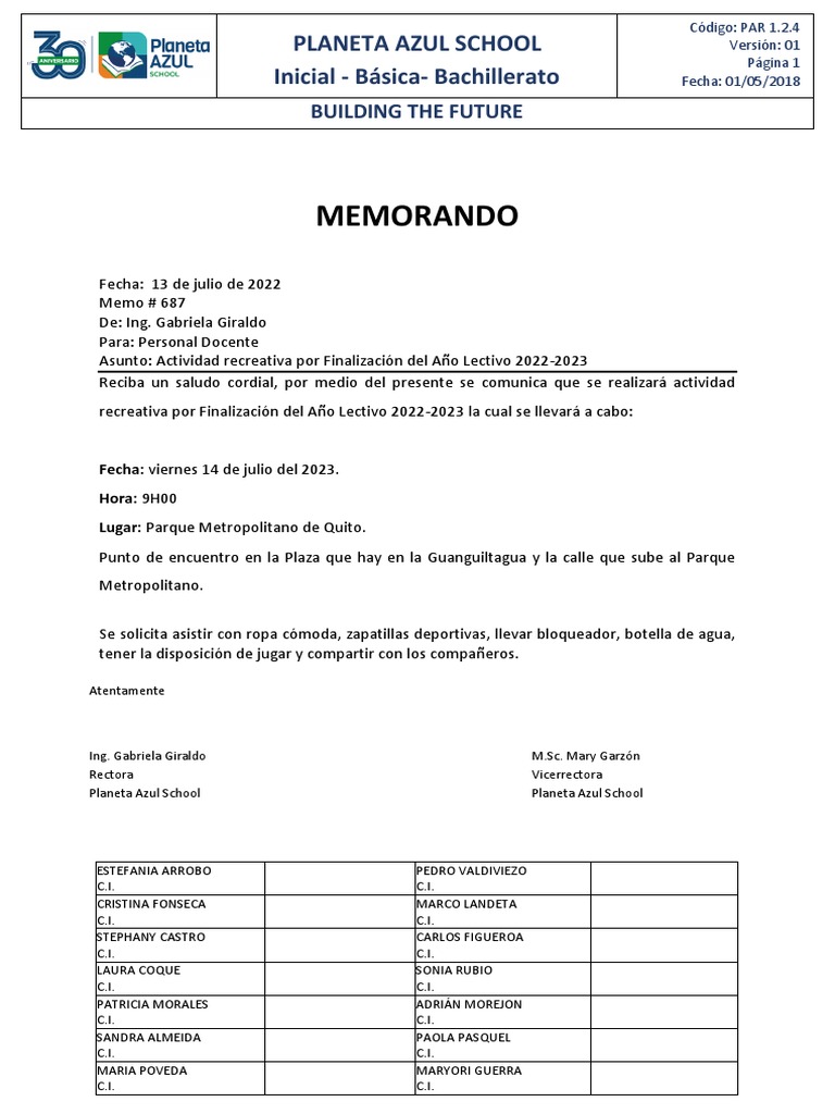Memorando: Planeta Azul School Inicial - Básica-Bachillerato | PDF