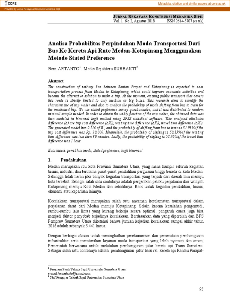 Analisa Probabilitas Perpindahan Moda Transportasi Dari Bus Ke Kereta ...
