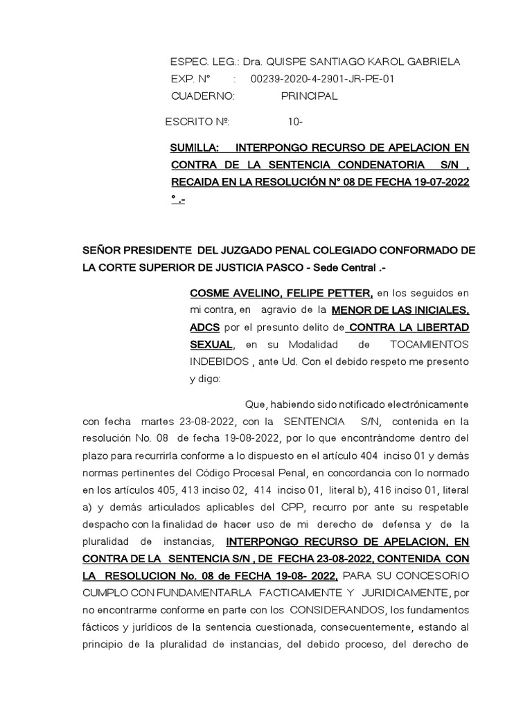 Recurso de Apelacion y Resolución Apelada | PDF | Apelación | Sentencia (ley)