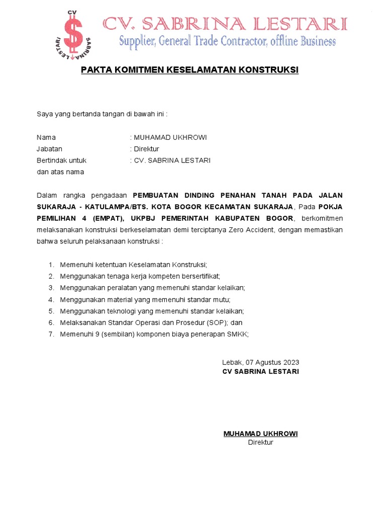Contoh Pakta Komitmen K3 & Surat Penawaran | PDF