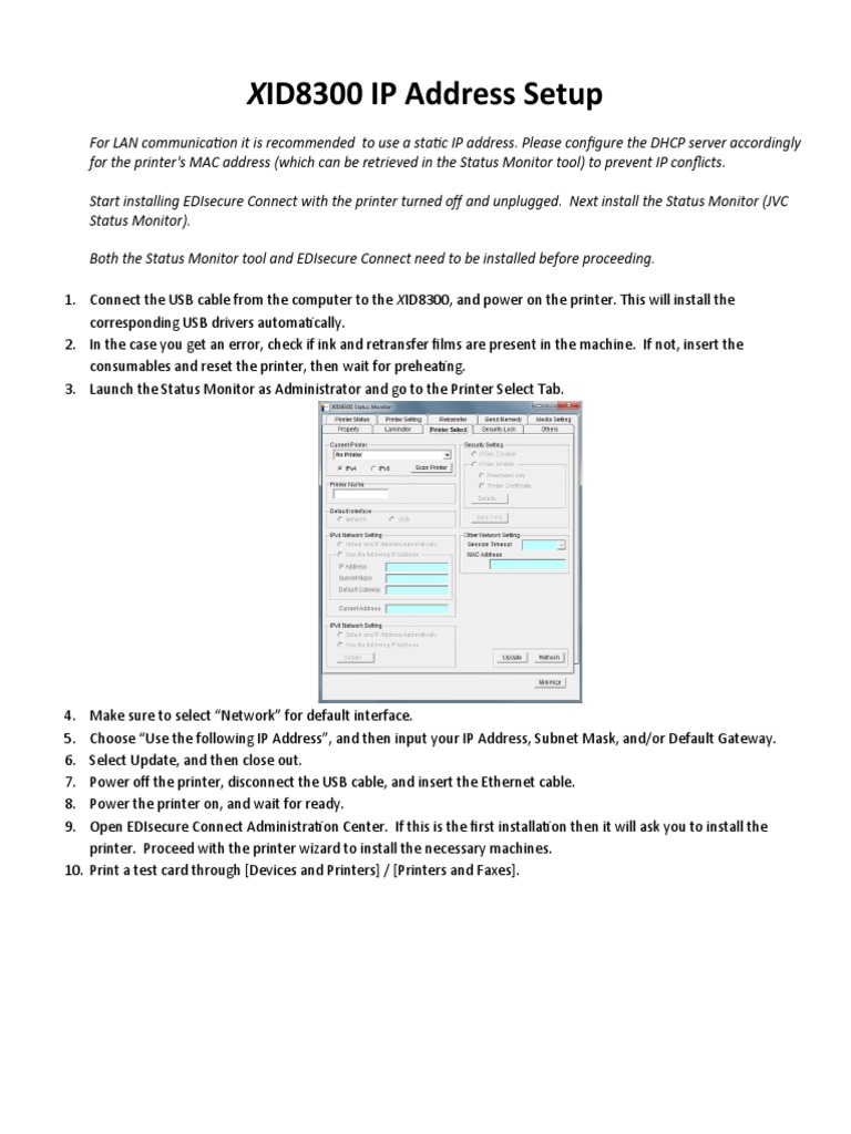 XID8300 Printer IP Setup Guide | PDF