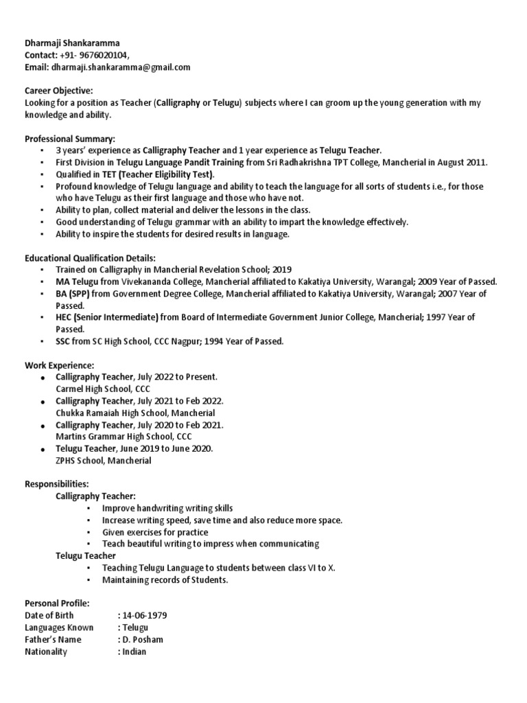 Resume Telugu Pandit Teacher - Latest2023 | PDF | Behavior Modification ...