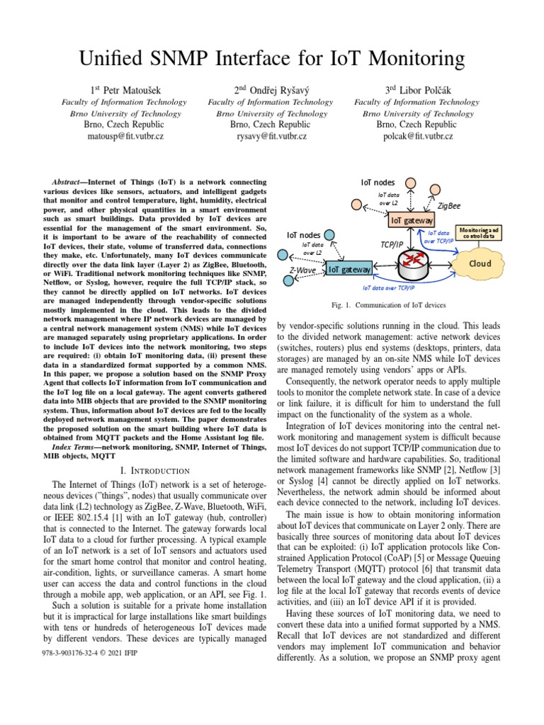 Unified SNMP Interface For Iot Monitoring: 1 Petr Matou Sek 2 Ond Rej Ry Sav Y 3 Libor Pol C Ak ...