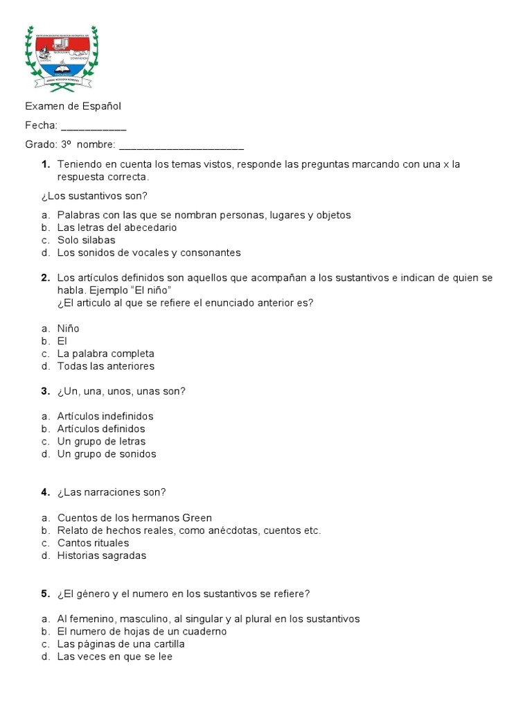 Examen de Español Grado 3 | PDF