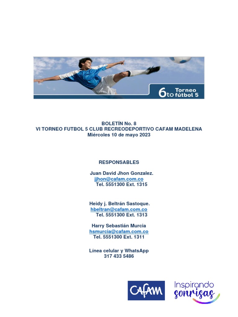 Boletin Vi Torneo Futbol 5 Club Recreodeportivo Cafam Madelena | PDF ...
