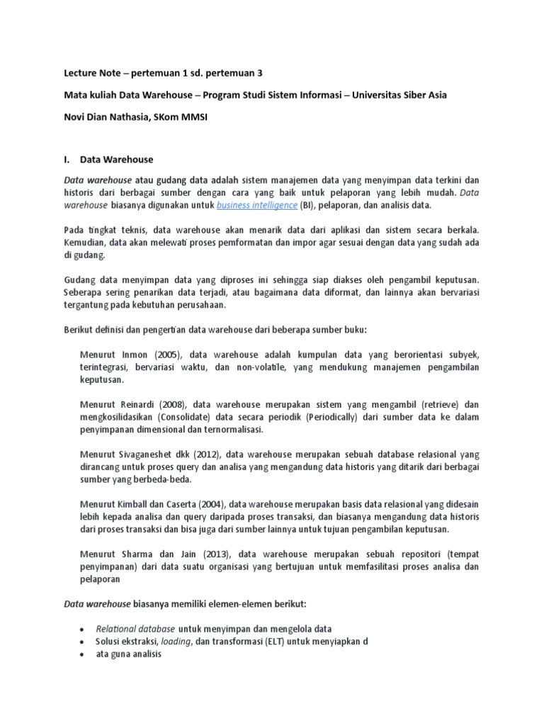 Lecture Note Data Warehouse | PDF Lecture Note Data Warehouse | PDF