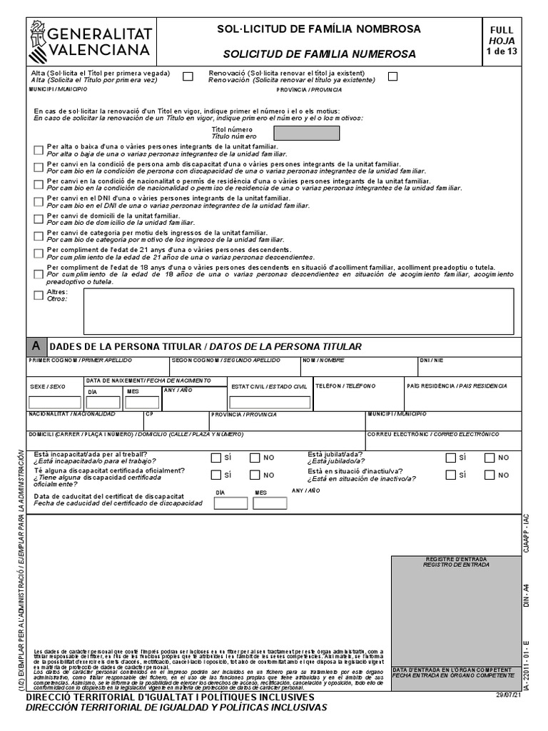 Solicitud de Familia Numerosa: Sol Licitud de Família Nombrosa | PDF