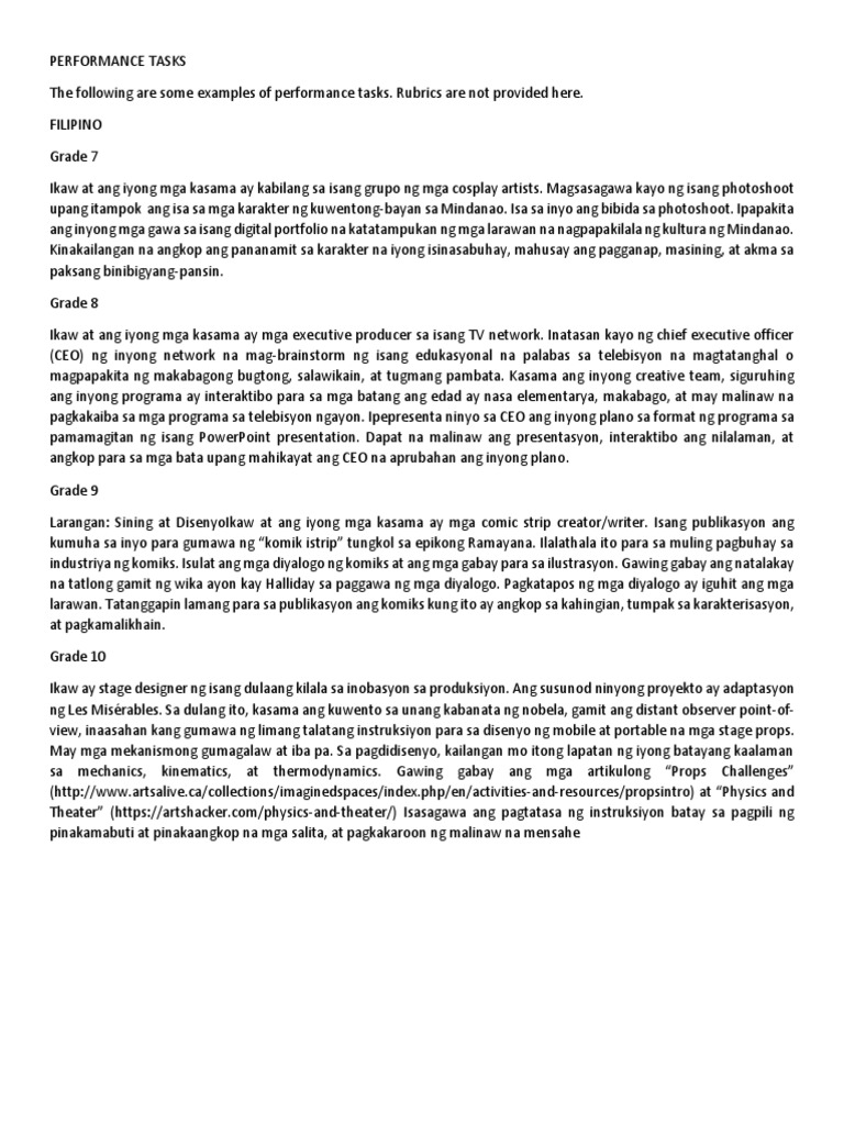Performance Tasks - Filipino | PDF