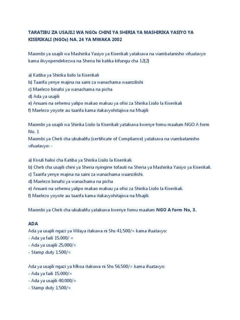 Taratibu Za Usajili Wa Ngos Chini Ya Sheria Ya Mashirika Yasiyo Ya ...