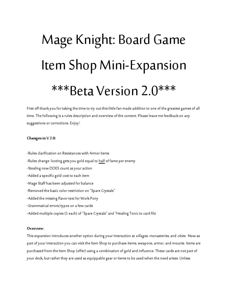 Mage Knight Item Shop Expansion Rules | PDF