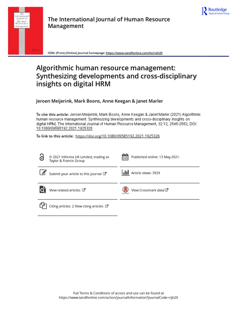 Algorithmic Human Resource Management: Synthesizing Developments and Cross-Disciplinary Insights ...