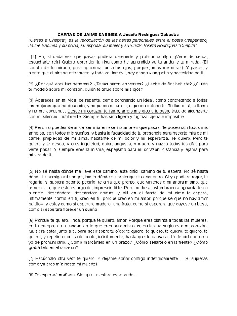 CARTAS DE JAIME SABINES A Josefa Rodríguez Zebadúa | PDF