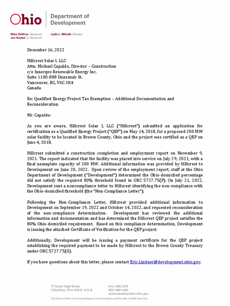 Hillcrest Letter - Compliance Determination | PDF