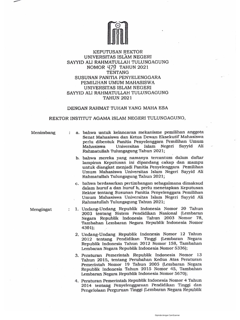 SK Rektor Komisi Pemilihan Umum Mahasiswa UIN SATU 2021 | PDF