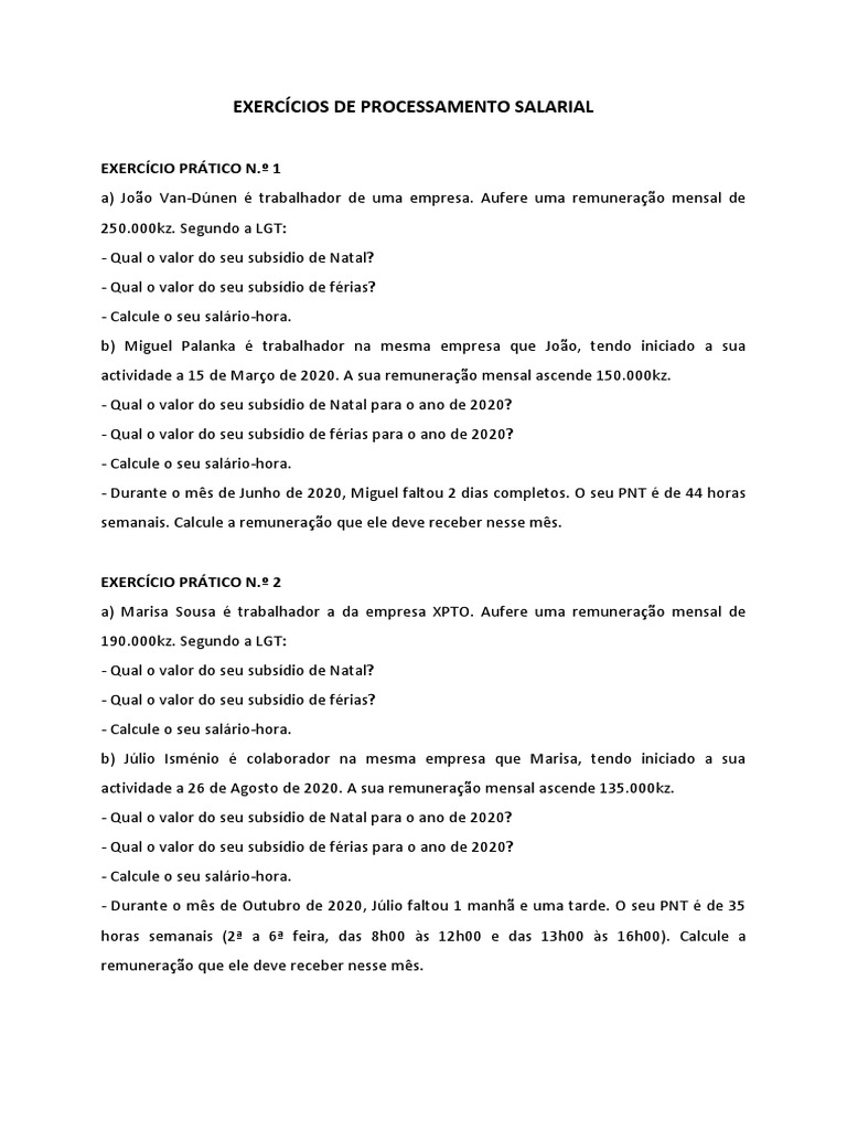 Processamento Salarial - Exercícios | PDF
